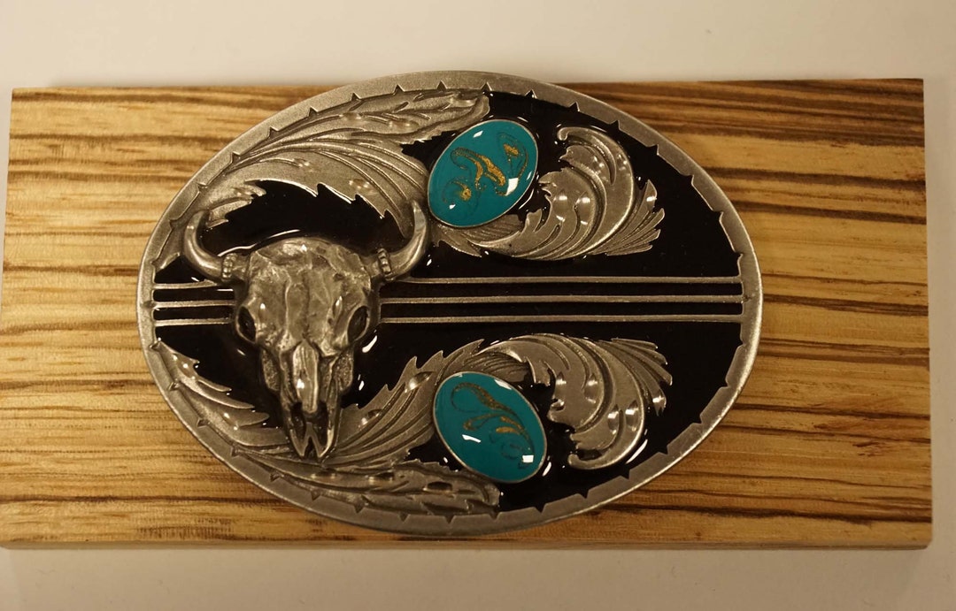 Belt Buckle Bison Skull With 2 Turquoise Stones on Ornate Shield - Etsy