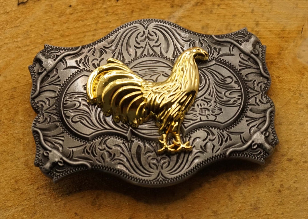 Belt Buckle Rooster on Ornate Shield - Etsy