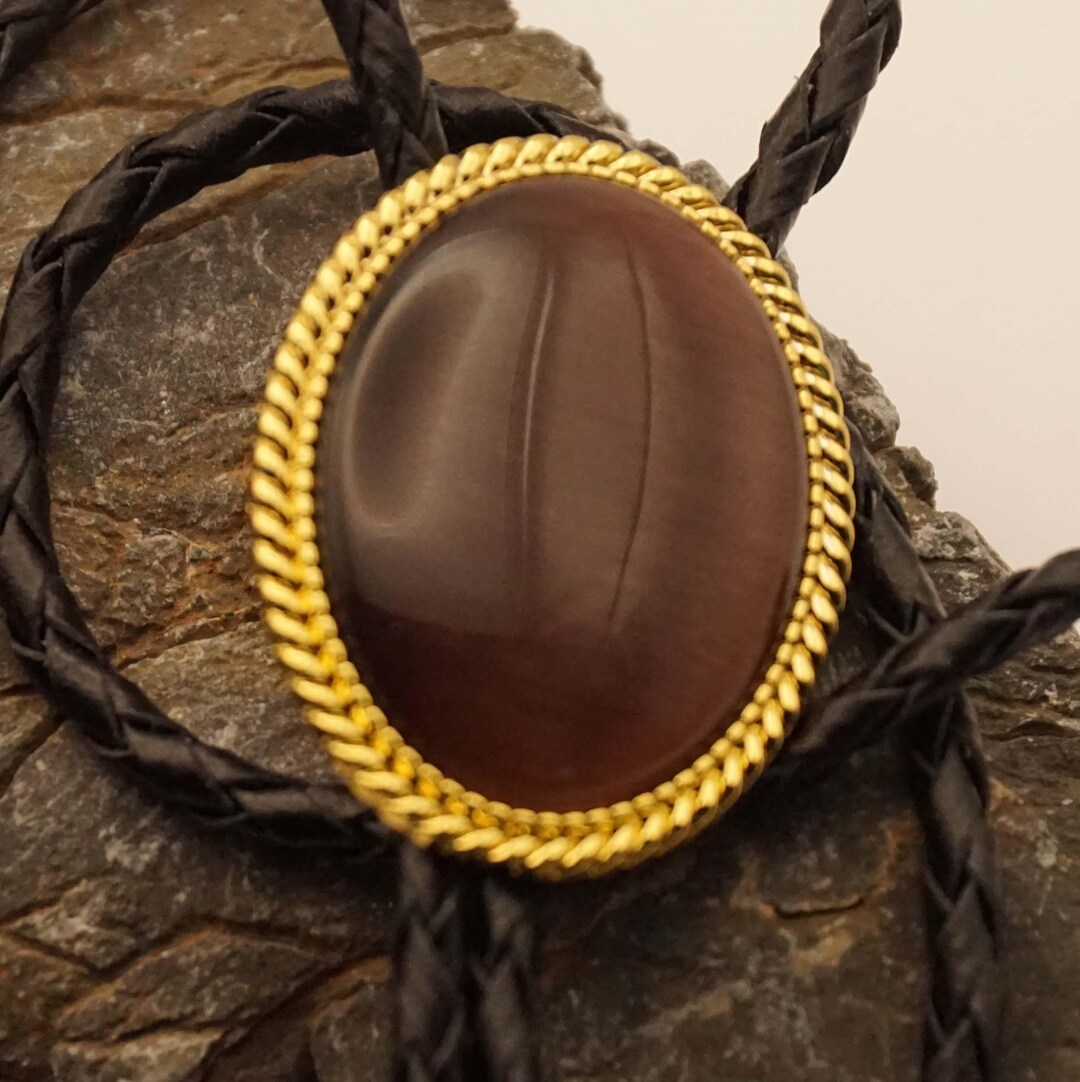 Bolo Tie - Western Leather Neck Cord Brown Stone in Gold Rope Motif ...