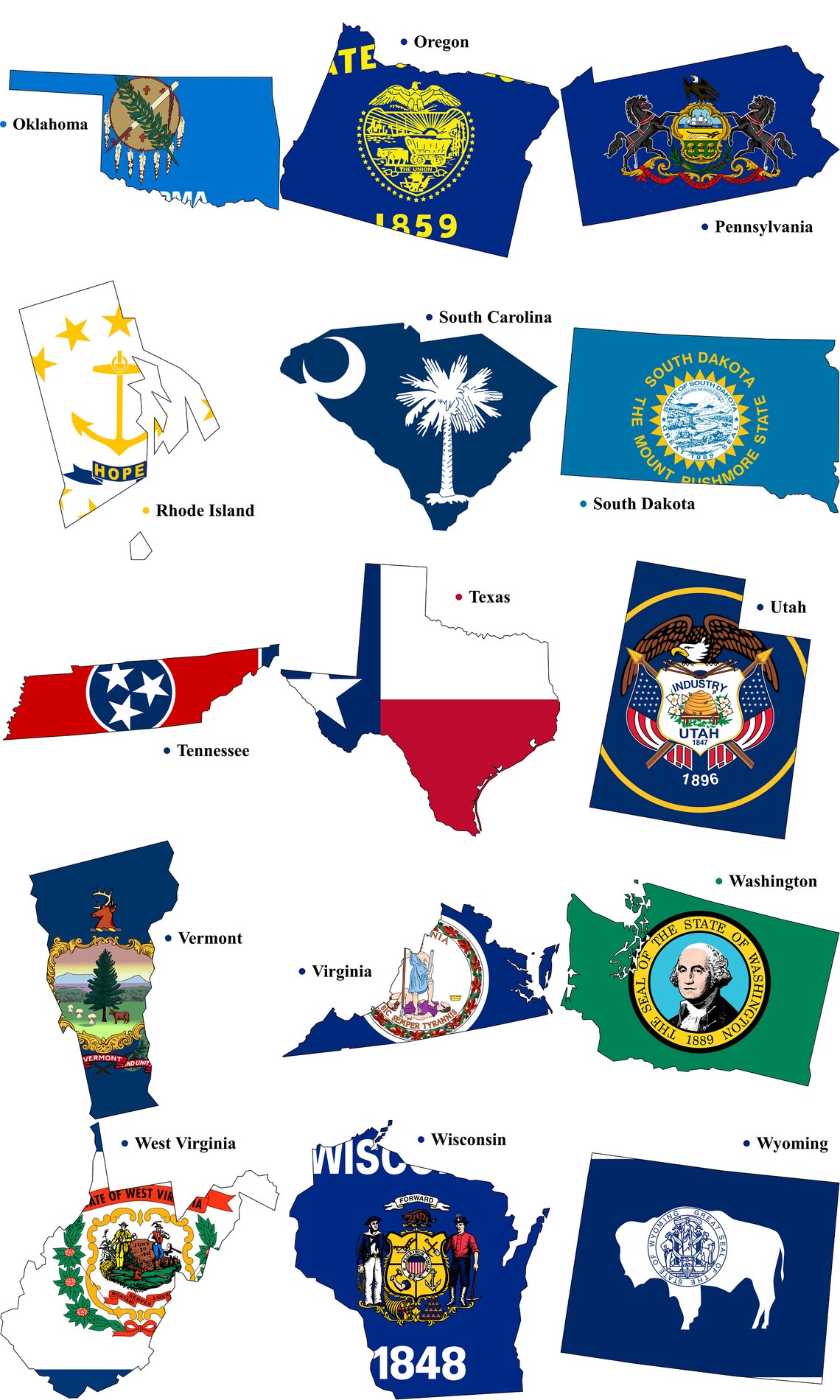 U.S. States Map Outlines With Flags, All USA 50 States Flags ...