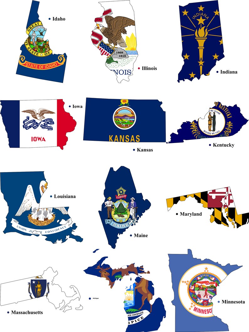 U.S. States Map Outlines With Flags, All USA 50 States Flags ...