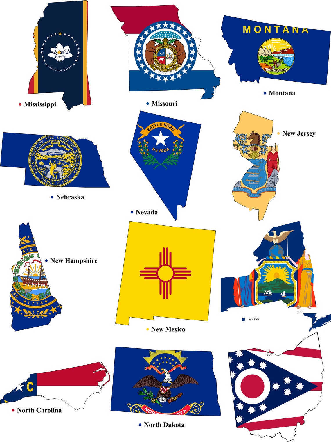 U.S. States Map Outlines With Flags, All USA 50 States Flags ...