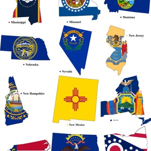 U.S. States Map Outlines With Flags, All USA 50 States Flags ...