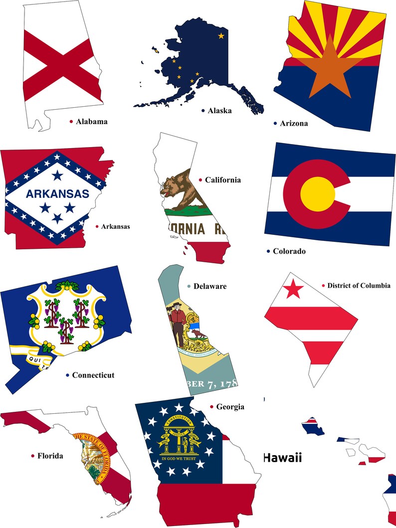 U.S. States Map Outlines With Flags, All USA 50 States Flags ...