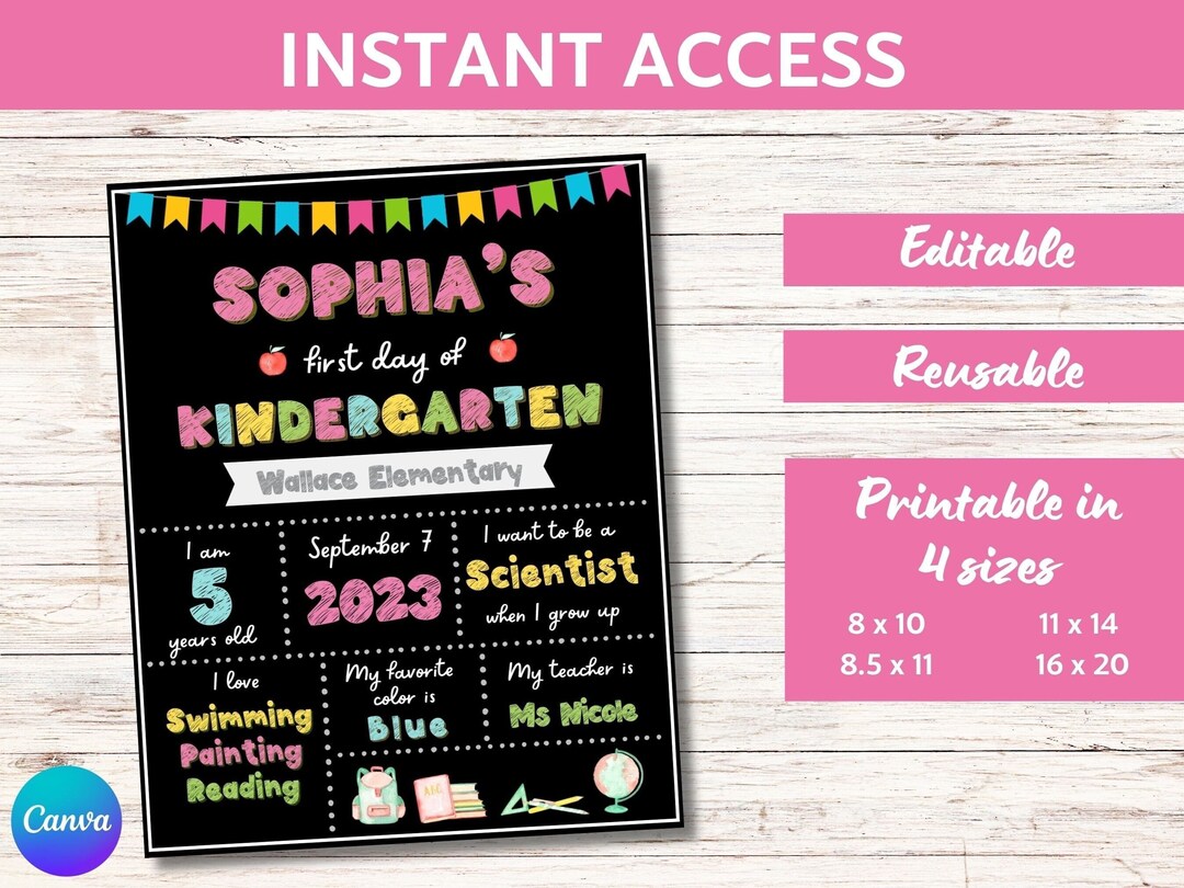 Editable Pink First Day of School Chalkboard Sign Reusable - Etsy