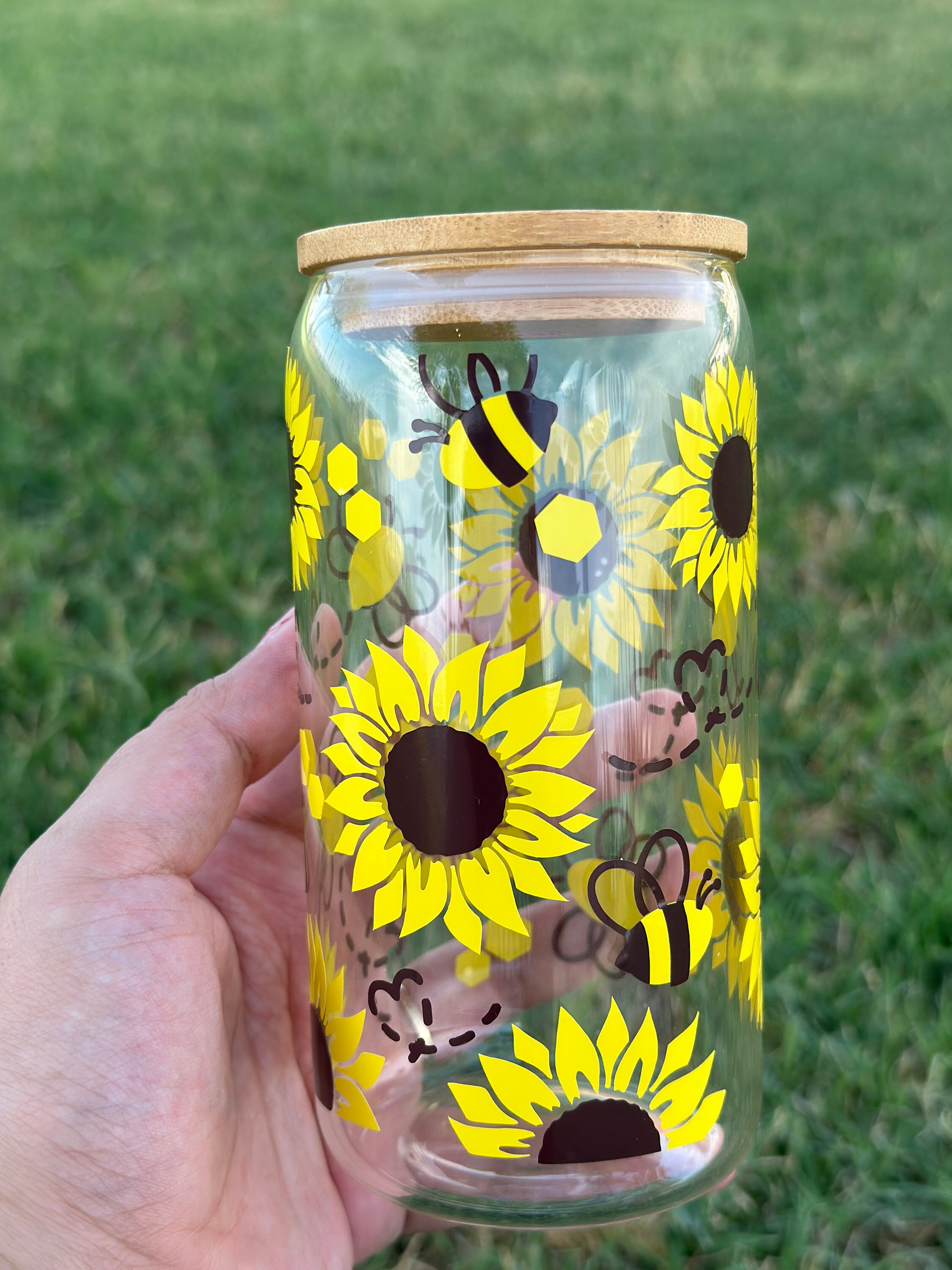 Sunflower and Bees 16 Oz. Glass Can - Etsy
