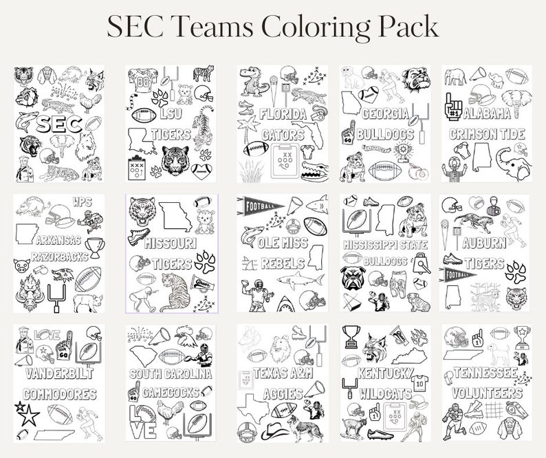 SEC Football Coloring Pages Kids Activities Gameday Fun for Kids - Etsy