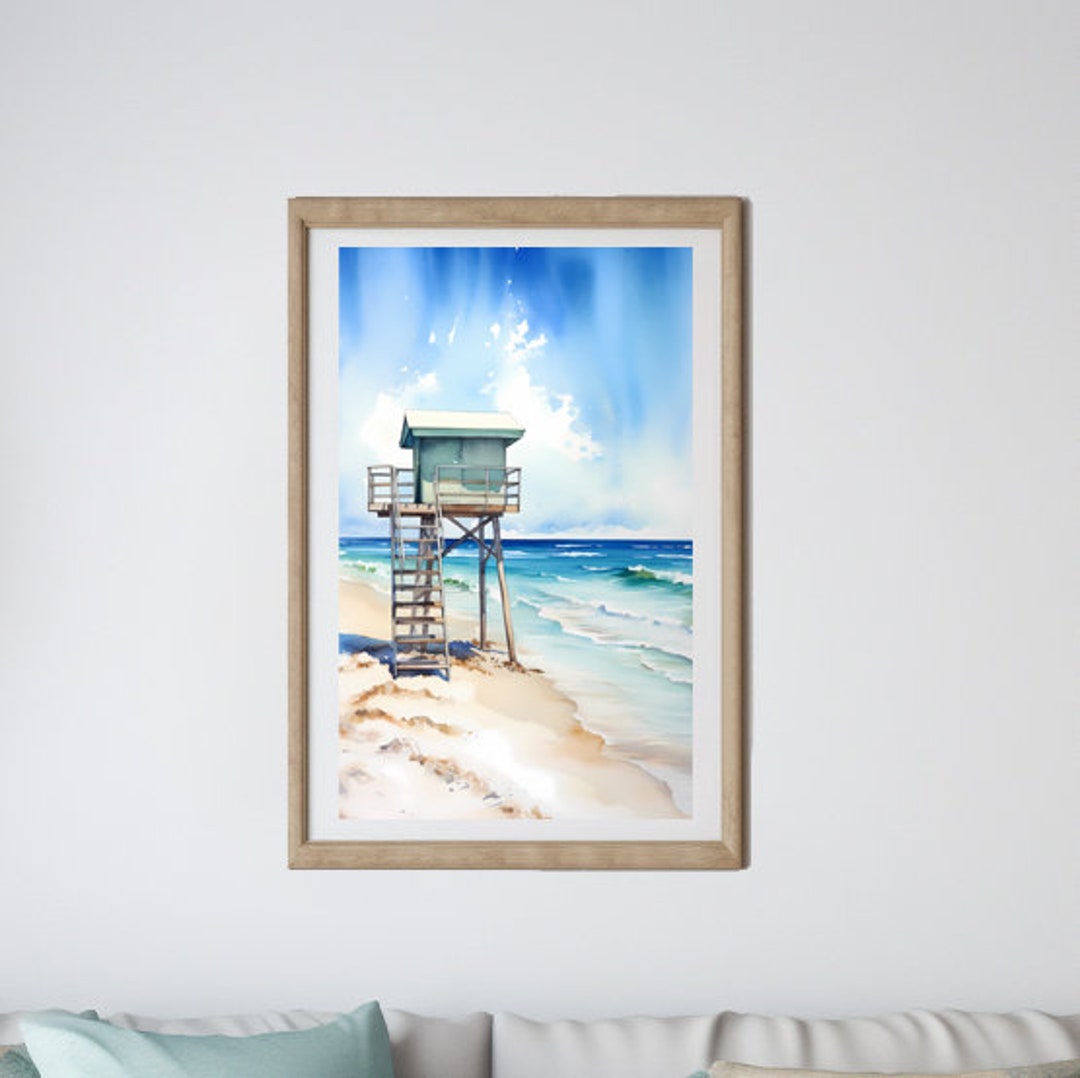 Lifeguard Tower Beach Art, Beach Digital Poster, Watercolor Print Art ...