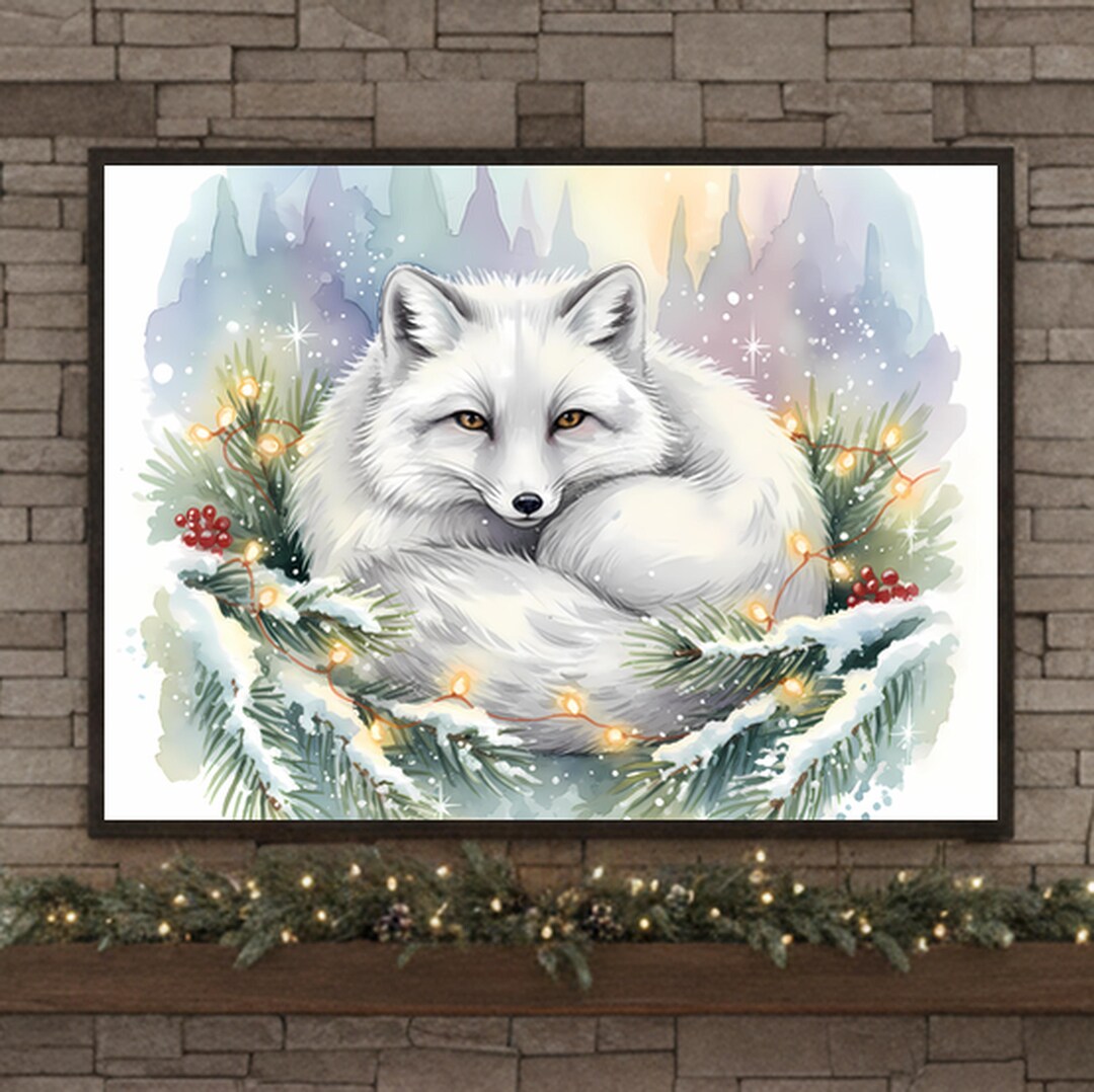 Watercolor White Fox Winter Art Print, Snowy Woodland Animal Digital ...