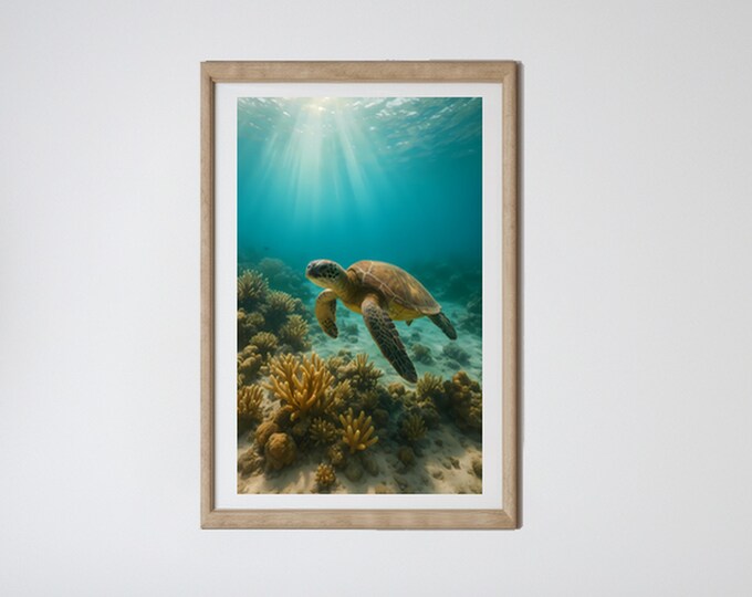 Realistic Sketch of a Majestic Sea Turtle Swimming Over a Coral Reef ...
