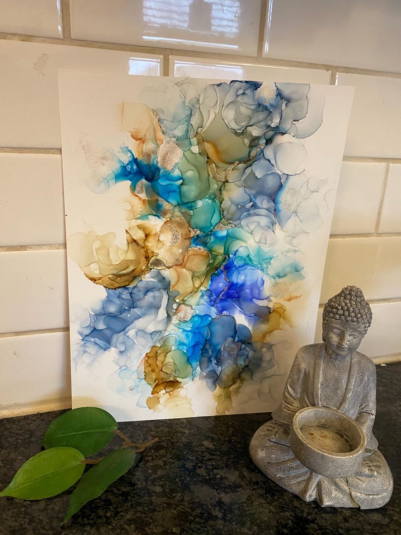 Nightcap - Original Alcohol Ink Art/ Modern Wall Art on Paper/ Blue ...