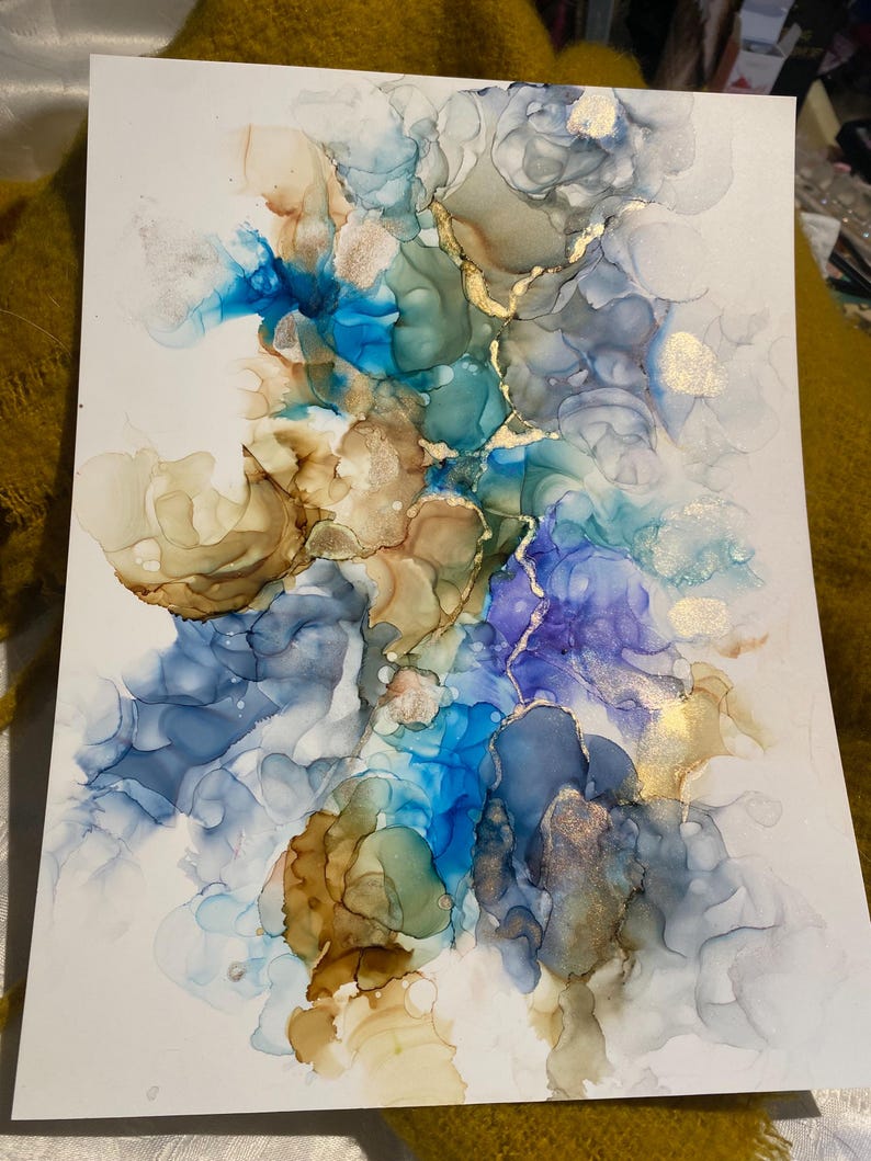 Nightcap - Original Alcohol Ink Art/ Modern Wall Art on Paper/ Blue ...