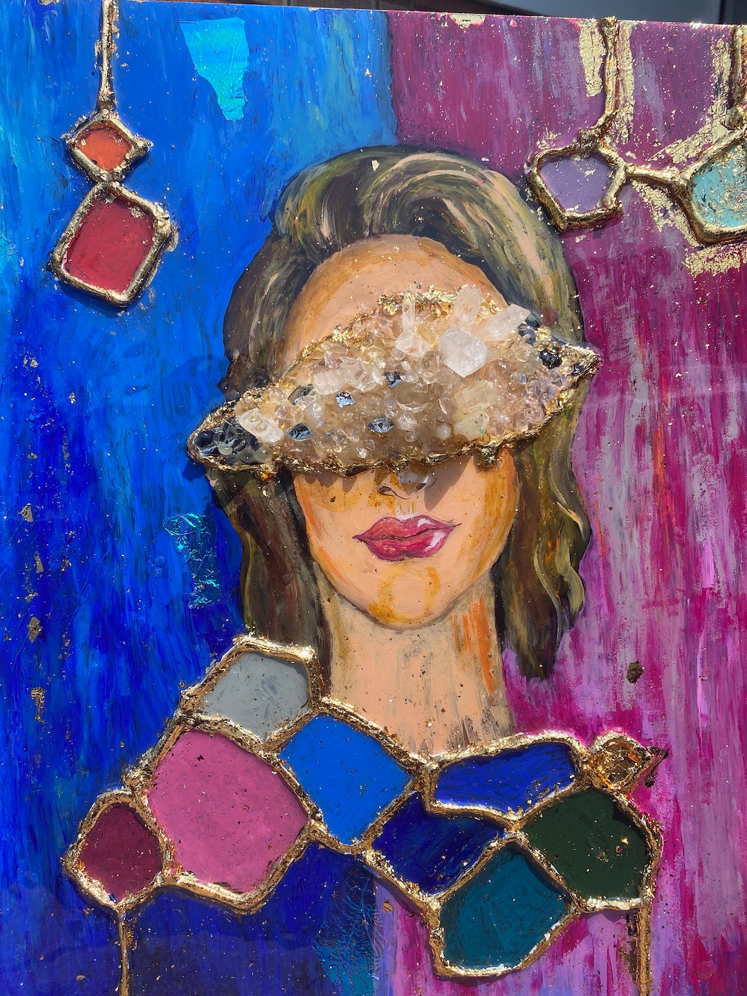 Gemini Resin Portrait: Quartz Crystal & Gold Leaf Painting - Etsy Canada