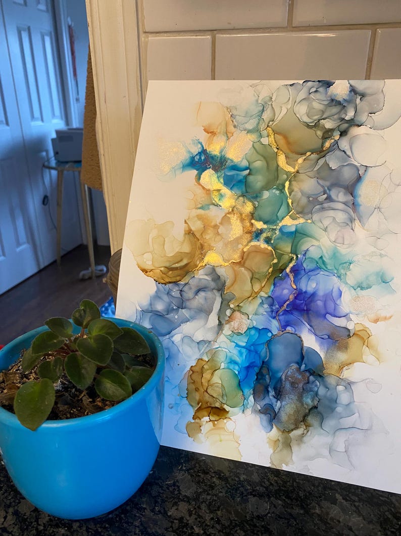 Nightcap - Original Alcohol Ink Art/ Modern Wall Art on Paper/ Blue ...