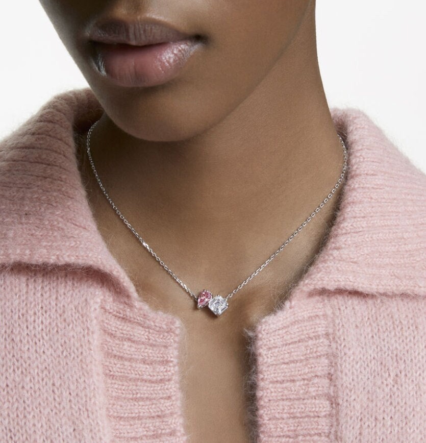 Attract Soul Necklace Romantic Pink Crystal Rhodium Plated Elegant Design Ideal for Everyday Sophistication