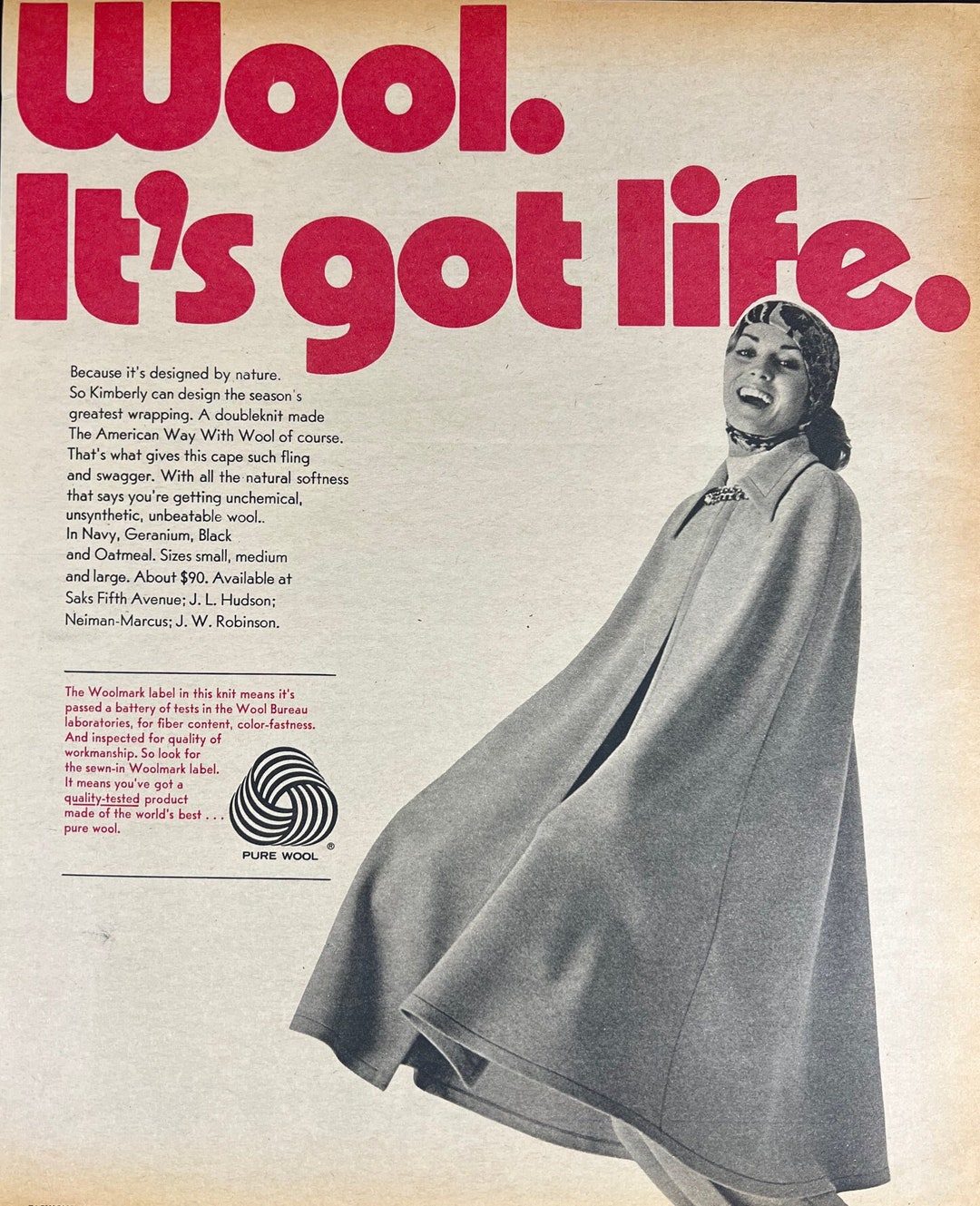 Vintage Wool Advertisement Print Art Wall Decor Retro Ad Vintage 70's ...