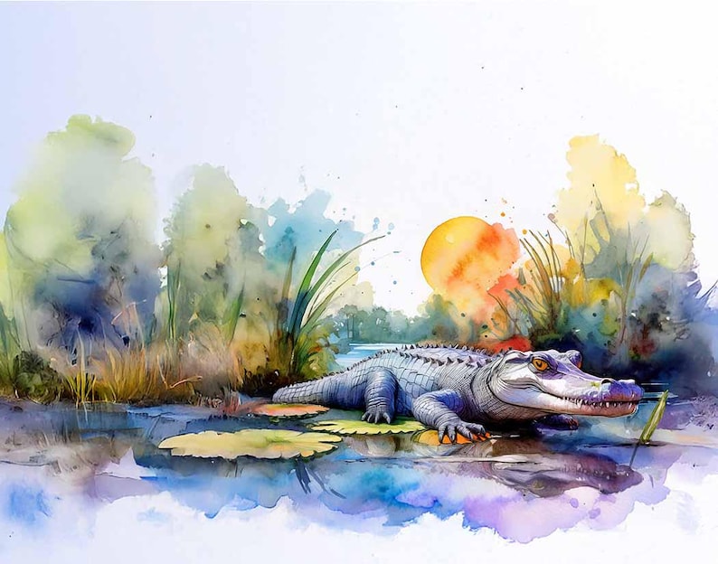 Printable Alligator Swamp Watercolor Art Charleston Wildlife Sunset ...