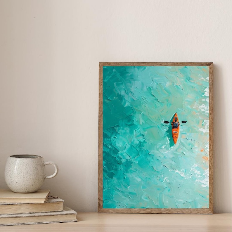 Kayak Wall Art Impasto Print, Turquoise Ocean Poster, Coastal Decor ...