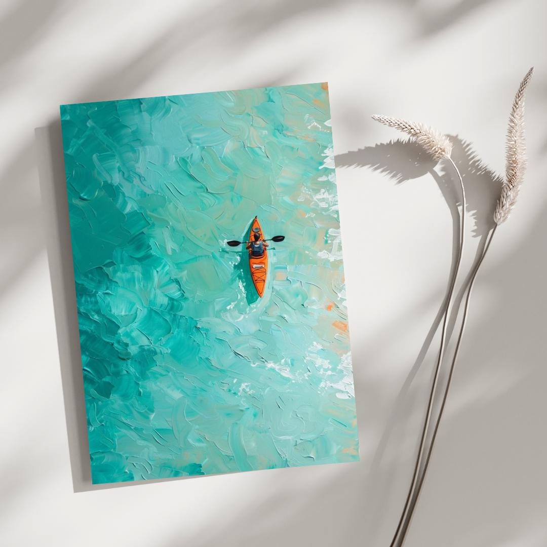 Kayak Wall Art Impasto Print, Turquoise Ocean Poster, Coastal Decor ...