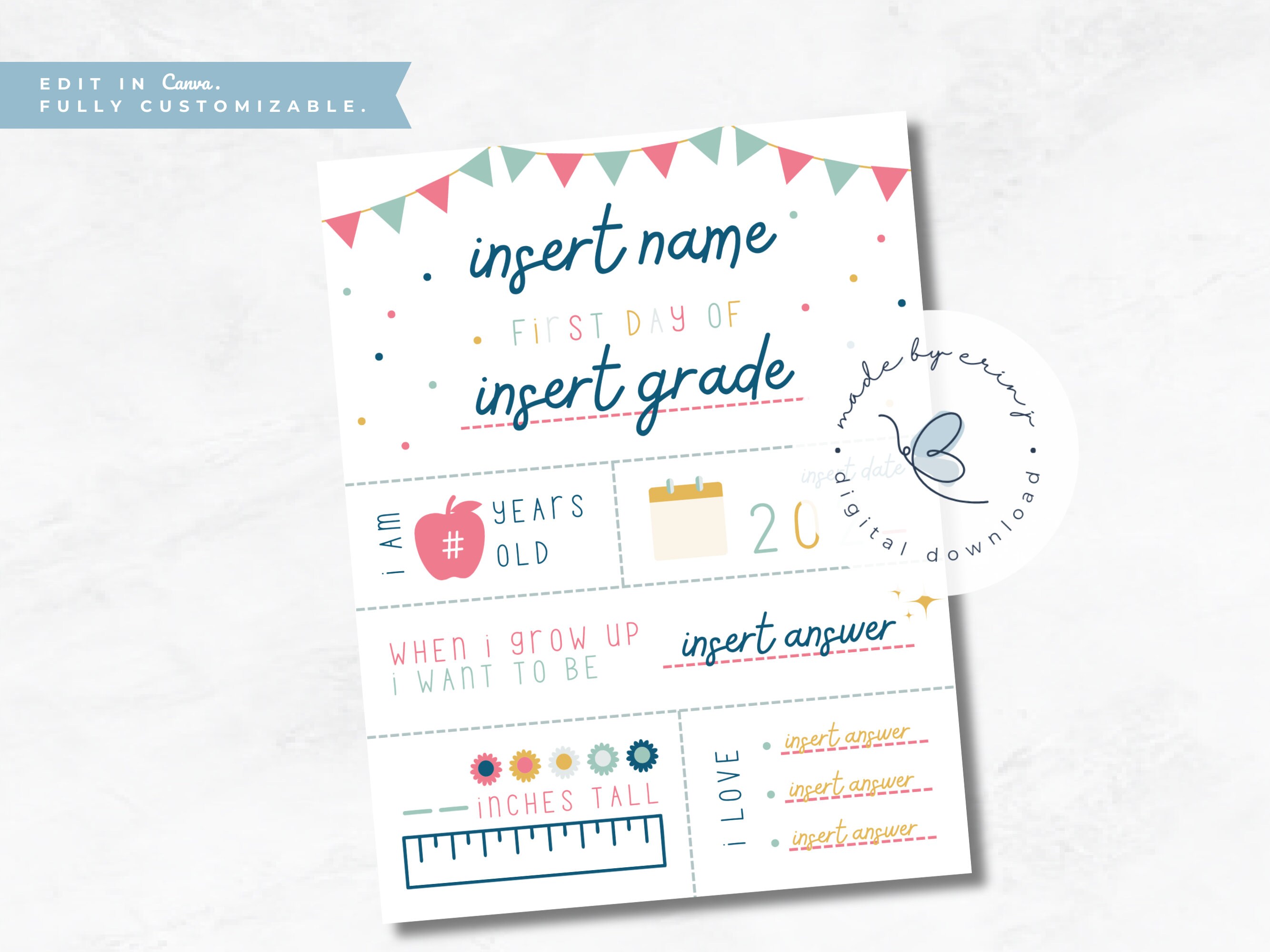 First Day of School Sign, Girl, Flag Banner, Flowers, Dots, Stars, Back ...