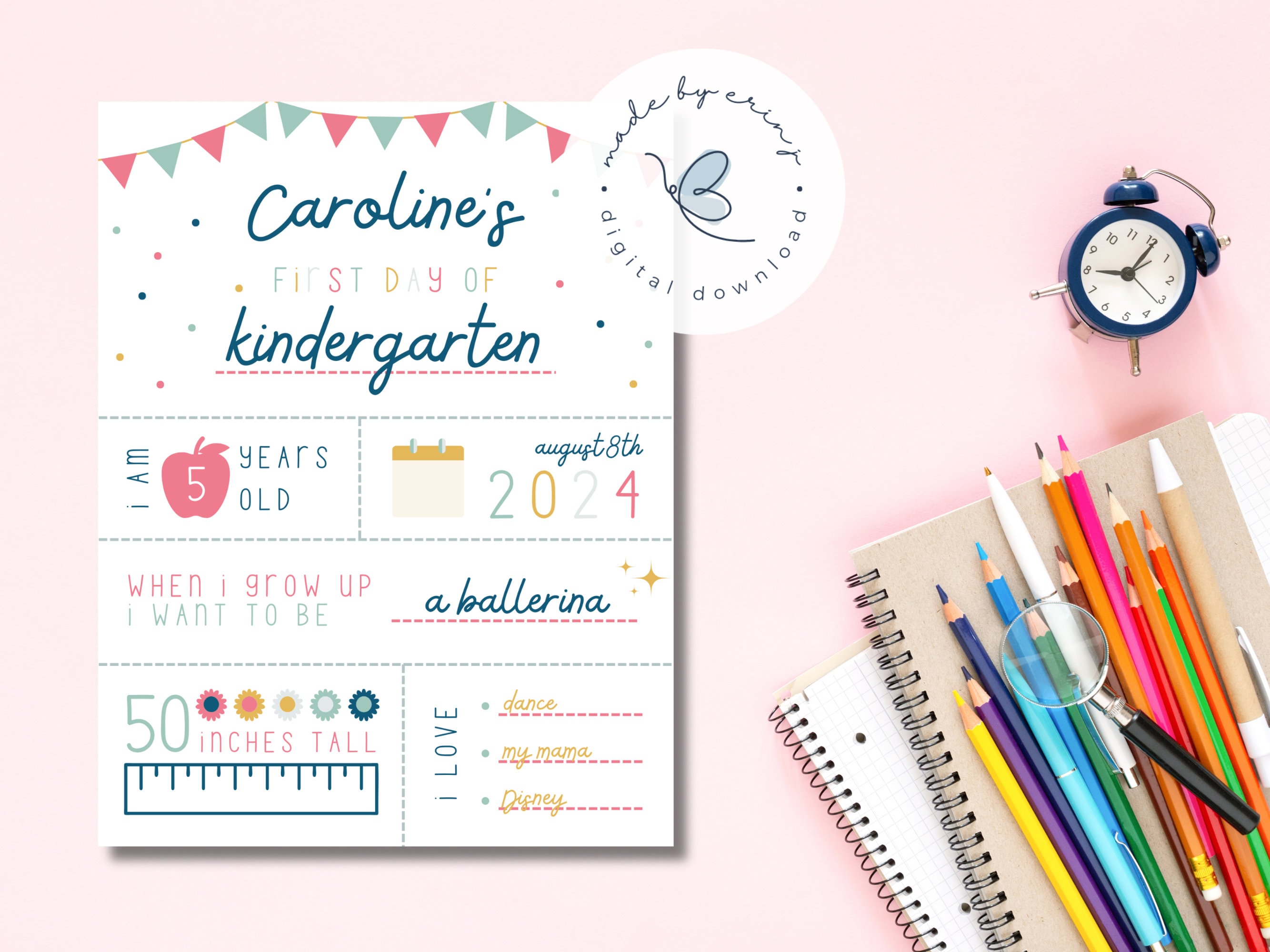 First Day of School Sign, Girl, Flag Banner, Flowers, Dots, Stars, Back ...