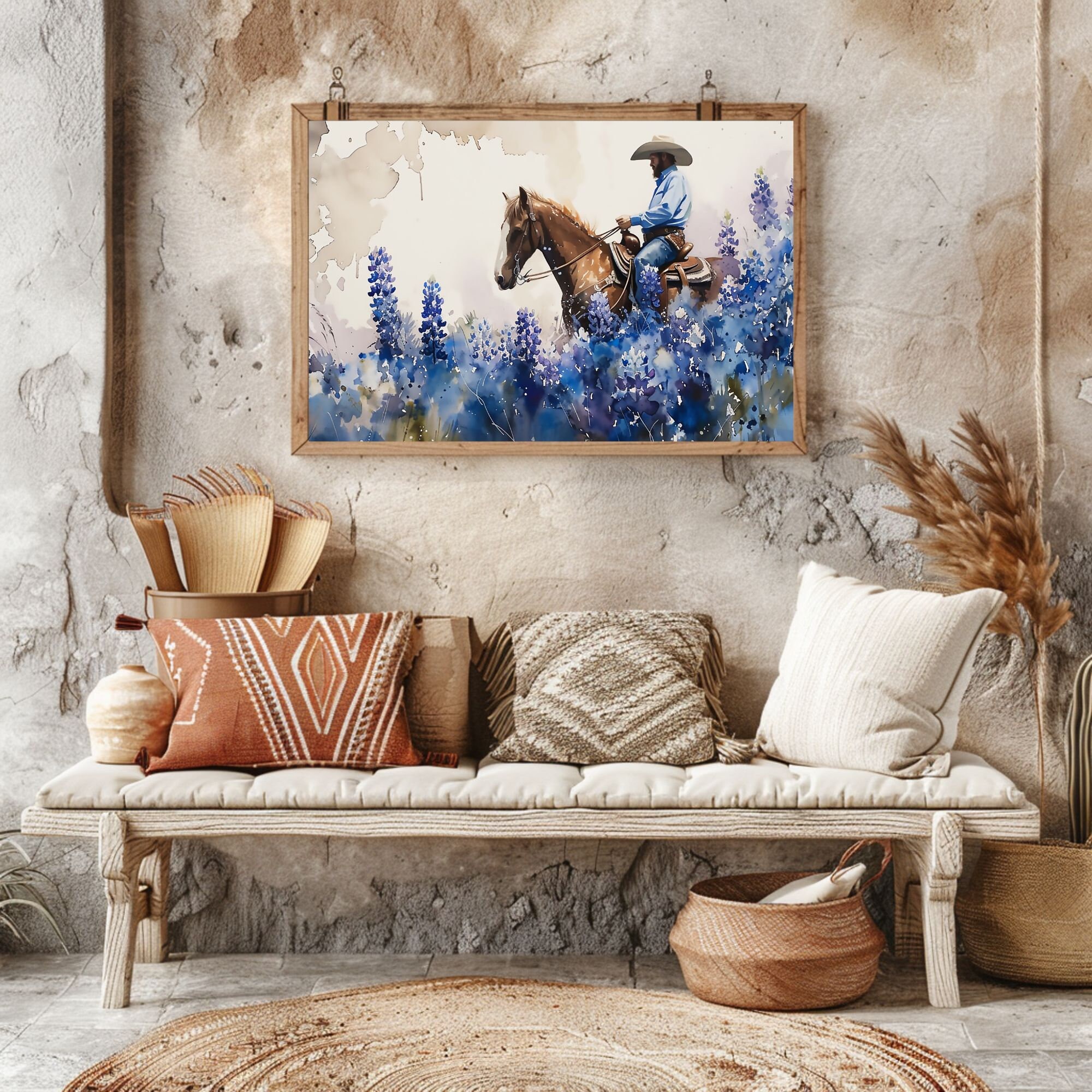 Bluebonnet Cowboy Watercolor, Cowboy Riding Through a Field of Texas ...