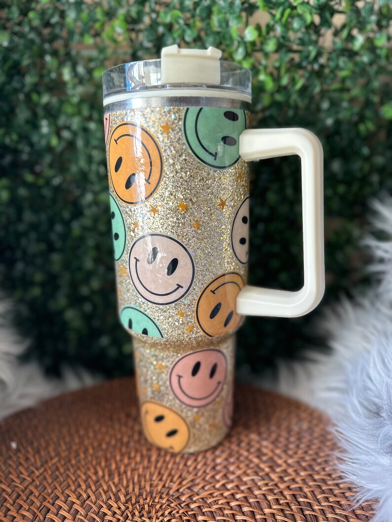 Retro Smiley Face Stanley Dupe 40oz Tumbler Glitter Stanley - Etsy