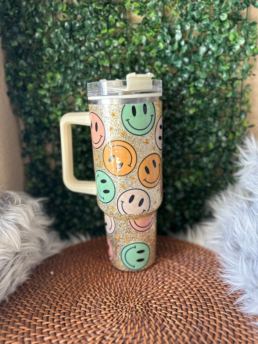 Retro Smiley Face Stanley Dupe 40oz Tumbler - Glitter Stanley Tumbler ...