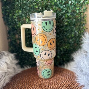 Retro Smiley Face Stanley Dupe 40oz Tumbler - Glitter Stanley Tumbler ...