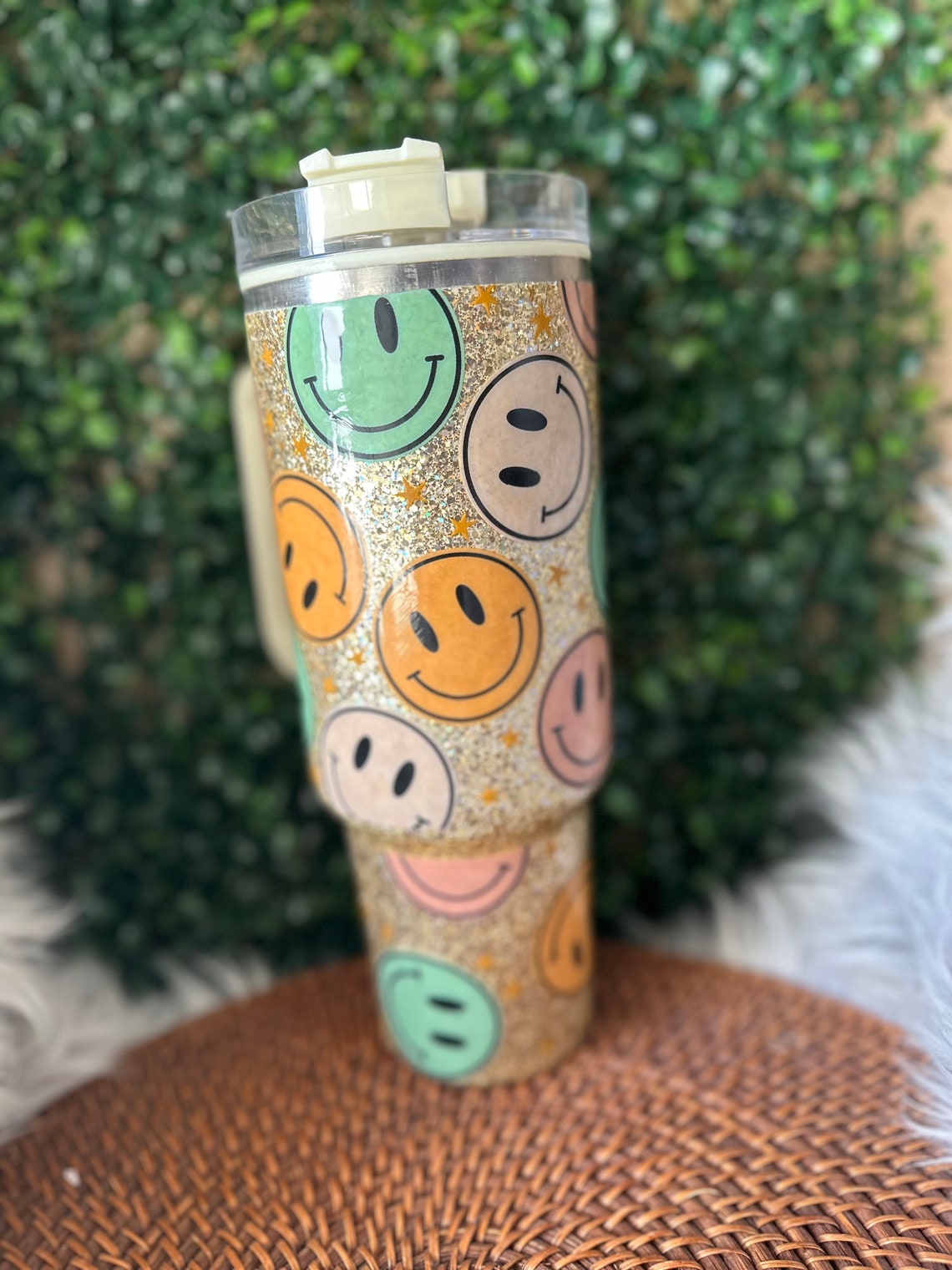 Retro Smiley Face Stanley Dupe 40oz Tumbler Glitter Stanley - Etsy