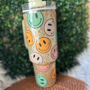 Retro Smiley Face Stanley Dupe 40oz Tumbler - Glitter Stanley Tumbler ...