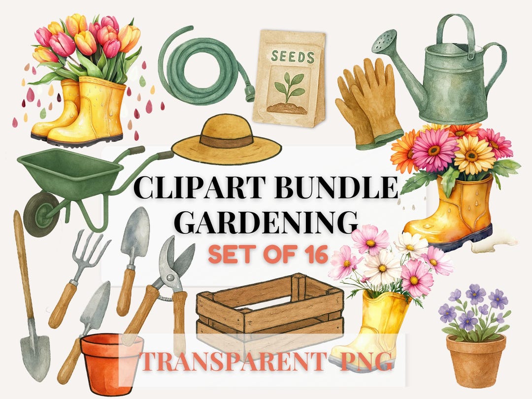 Garden Clipart Bundle: Gerbera Flowers, Rain Boots, Tools (PNG, Digital ...