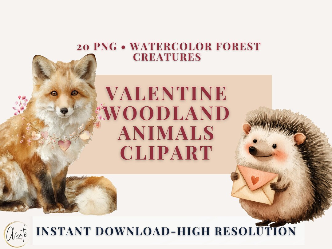 Woodland Creatures Valentines Clipart Set Watercolor Forest Animals PNG ...