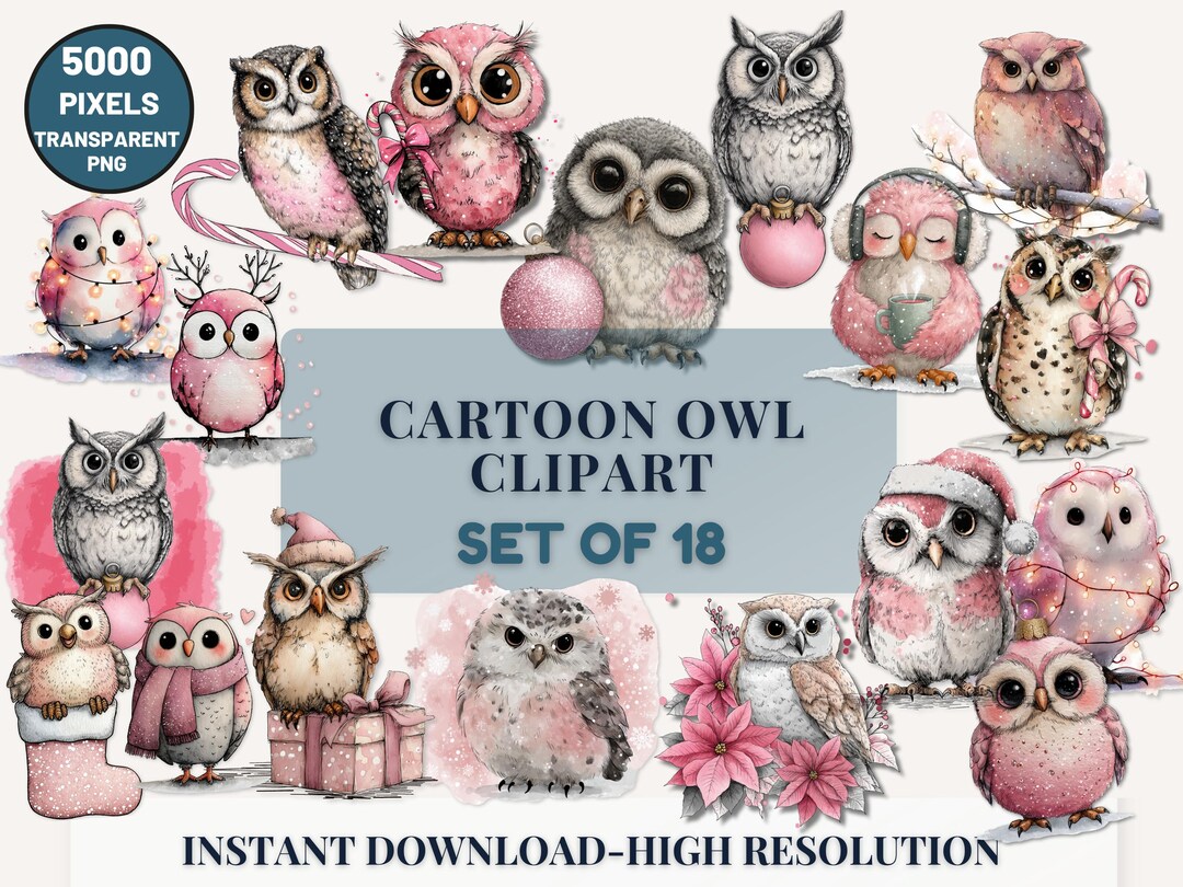 Cartoon Owl Christmas Clipart Poinsettia Pink Forest Animal Xmas PNG ...