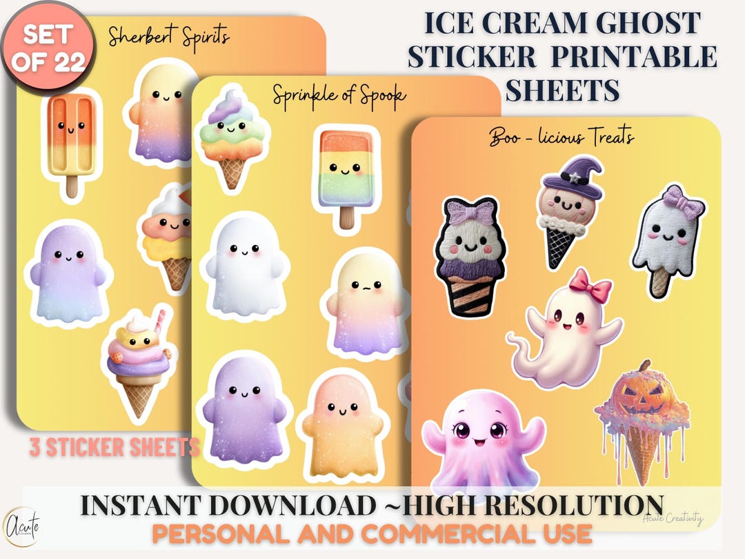 Kawaii Ice Cream Ghost Sticker Sheets: Summerween Halloween Decor (PNG ...