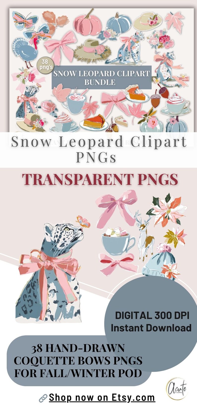 Snow Leopard Clipart Bundle With Coquette Bows, Fall Florals & Pastel ...