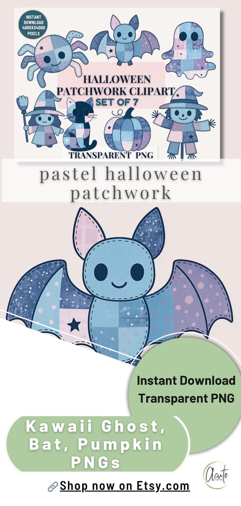 Pastel Halloween Clipart Set: Kawaii Ghost, Bat, Pumpkin (PNG Bundle ...