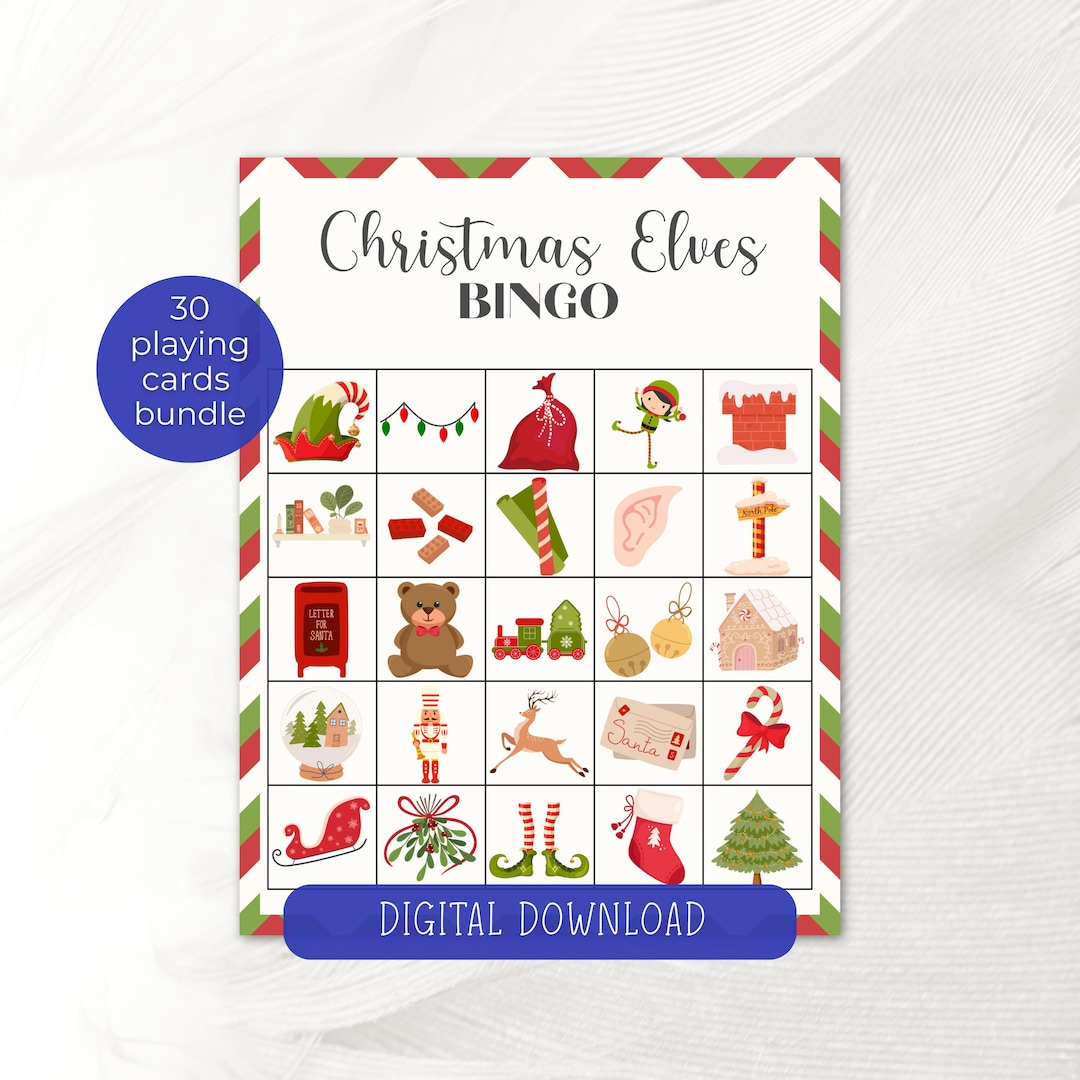 Christmas Elf Bingo Game, 30 Bingo Cards Pack, Holiday Elves Theme ...