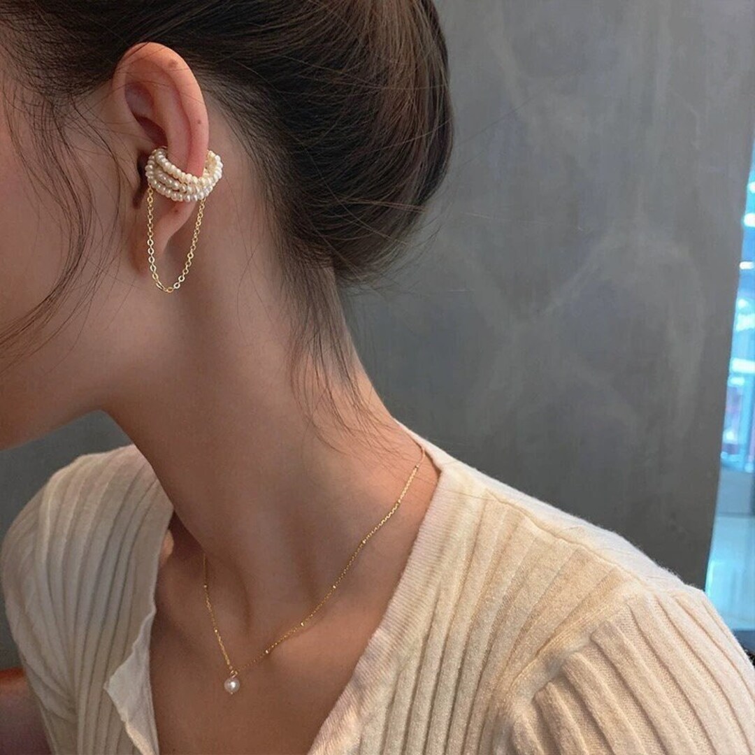 Dainty Pearl Dangling Chain Ear Cuff, Dangle Drop Chain Ear Cuffs ...