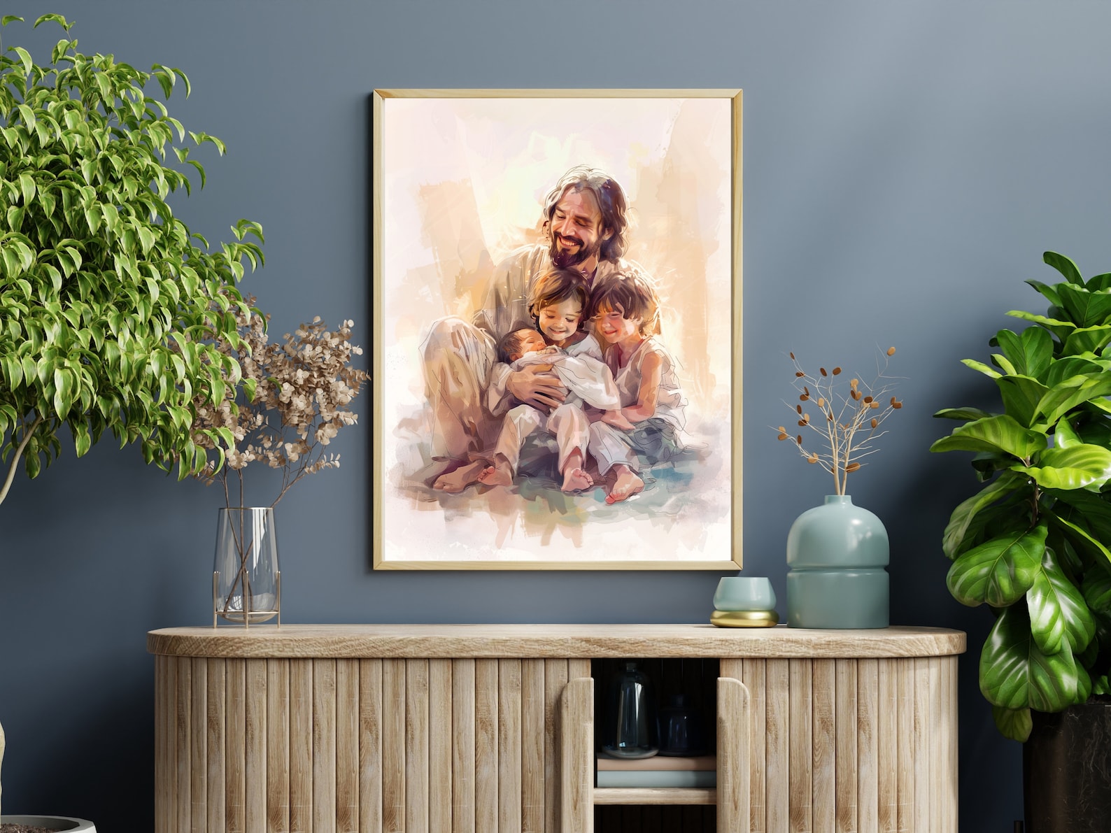 Jesus Christ With a Baby, Little Girl and Little Boy, Three Children ...