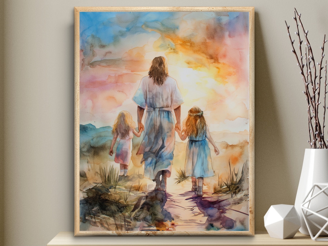 Jesus Christ With Sisters, Two Blonde Girls Watercolor, Bible Digital ...