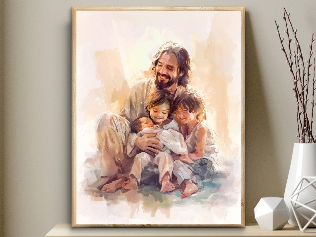 Jesus Christ With a Baby, Little Girl and Little Boy, Three Children ...
