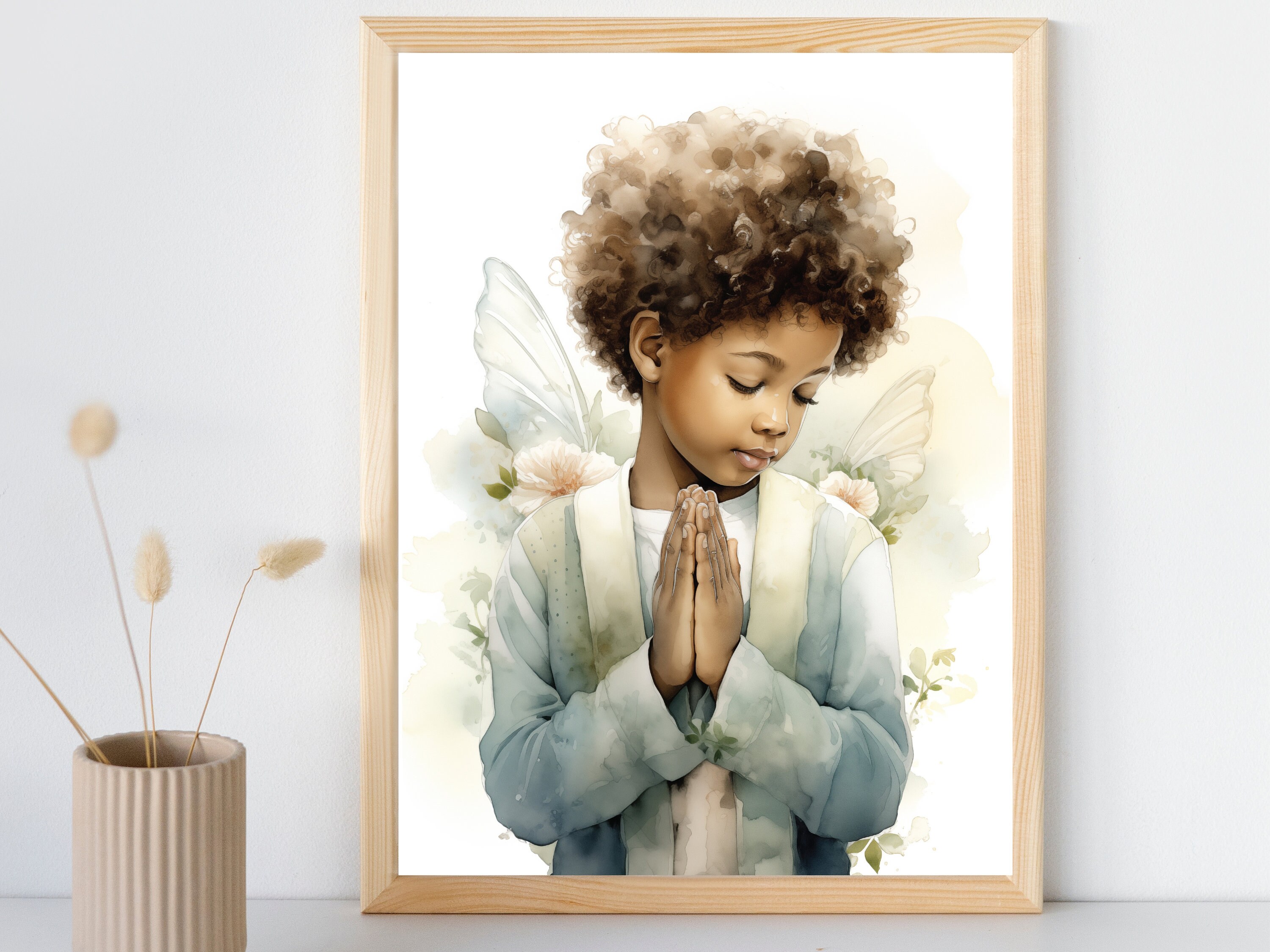 African American Angel Boy Praying, A Child of God, Dark Skin Black Boy ...