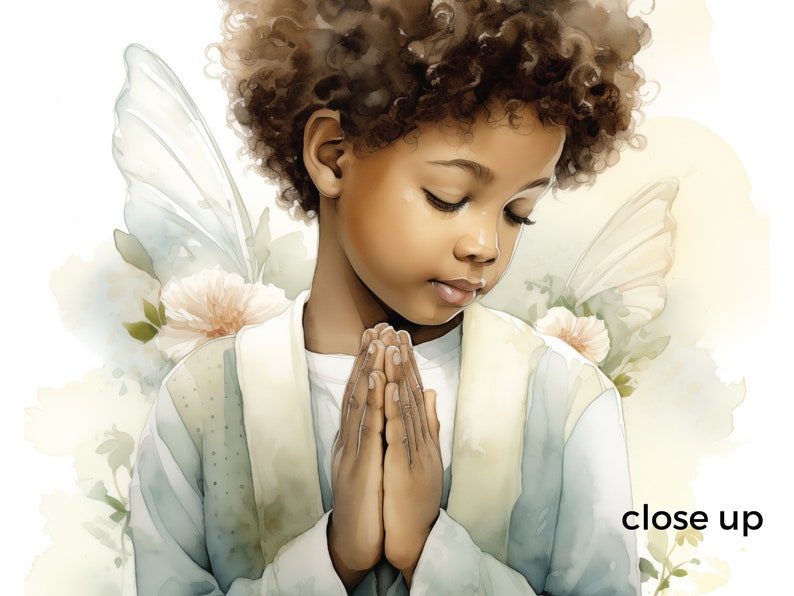 African American Angel Boy Praying, A Child of God, Dark Skin Black Boy ...