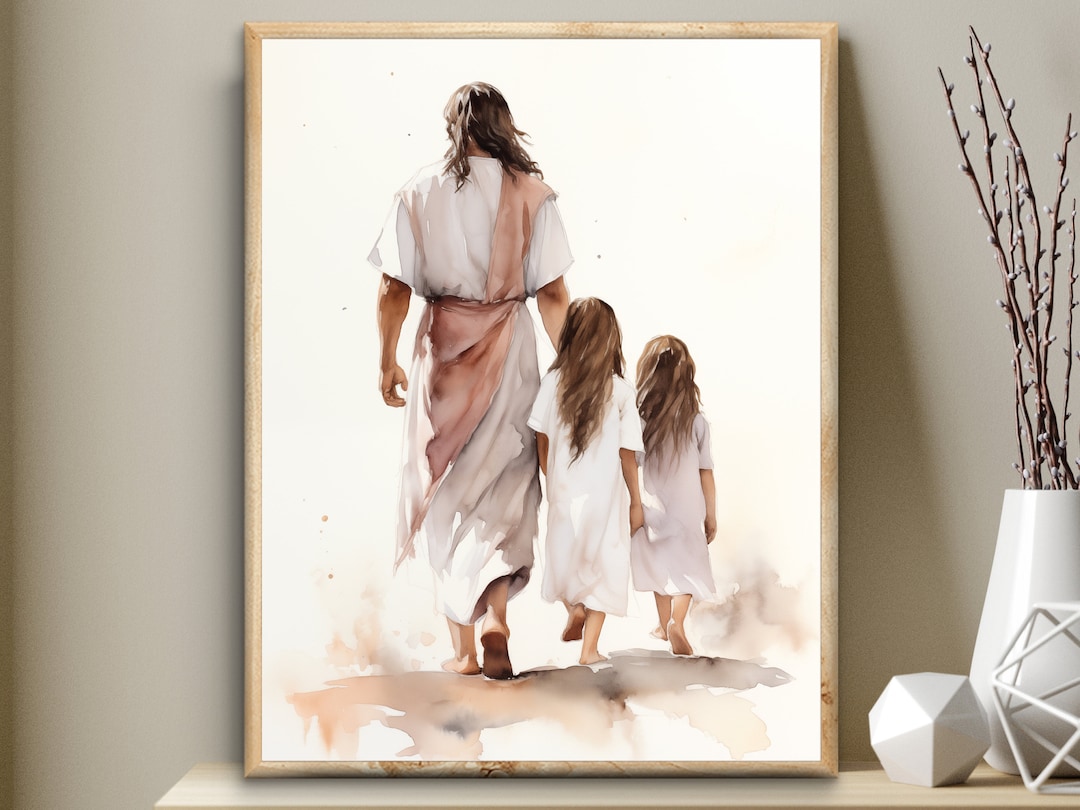 Jesus Christ With Twin Girls Watercolor, Bible Digital Print, A Child ...