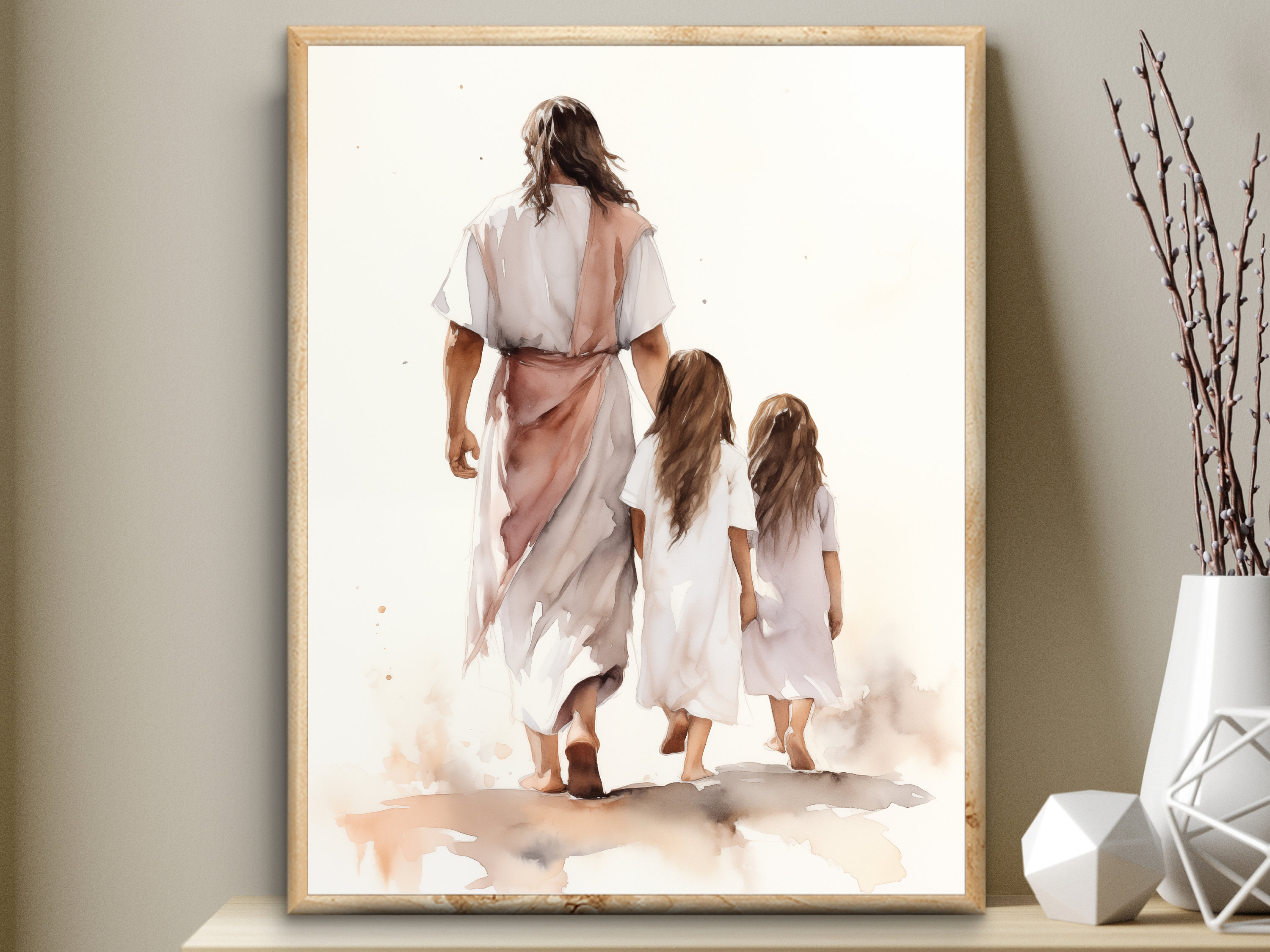 Jesus Christ With Twin Girls Watercolor, Bible Digital Print, A Child ...