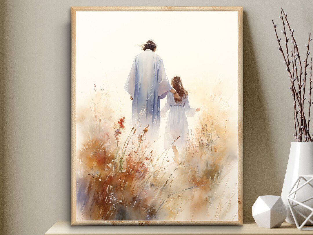 Jesus Christ With a Girl Child Printable, Bible Digital Print, Walk With Me Wall Art, Modern ...