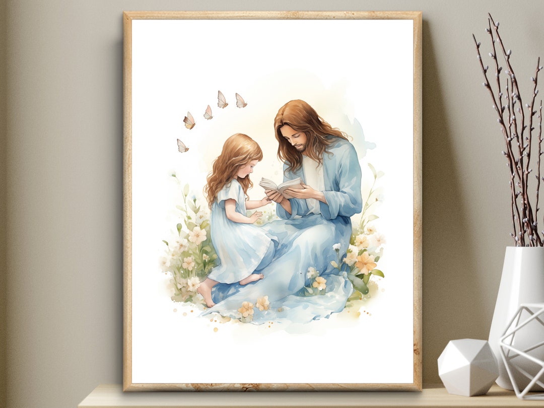 Jesus Christ Reading With a Little Girl Printable, Bible Digital Print ...
