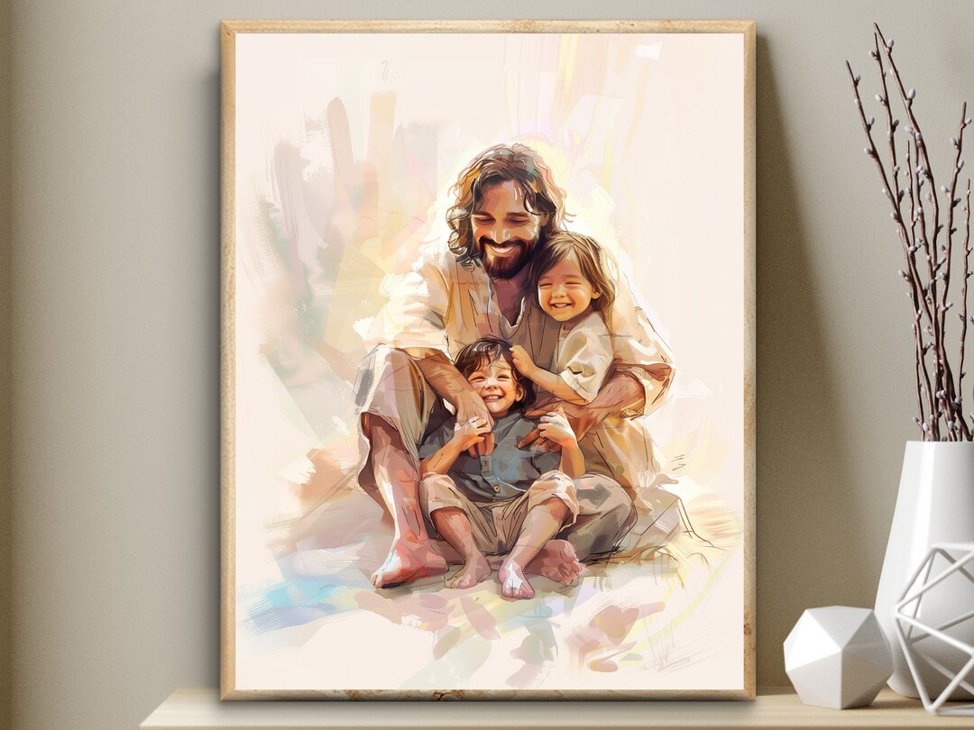 Jesus Hugging a Little Girl and Boy, Brother and Sister, DIGITAL PRINT ...