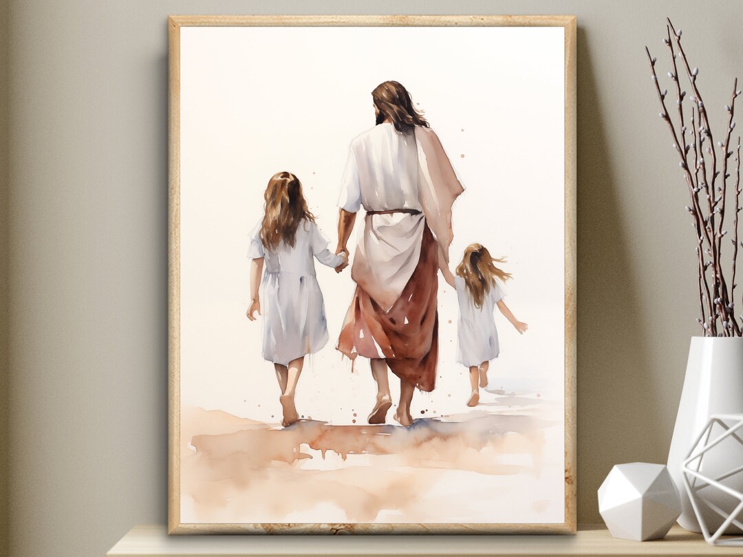 Small and Big Sisters With Jesus, Two Girls, Bible Digital Print, A ...